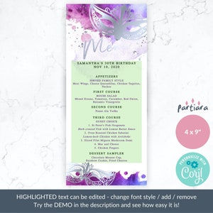 Purple Masquerade Menu Card Printable, Editable Masked Ball Dinner ...