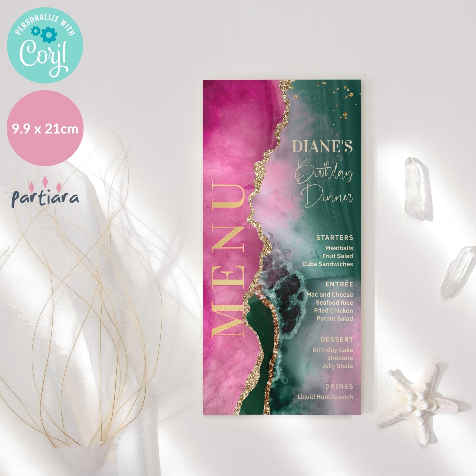 Fuchsia Pink Green Menu Card Printable Hot Pinks Emerald Gold Ladies ...