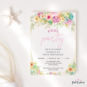 Editable Ladies Pool Party Invite Template, Floral Bridal Shower Brunch ...