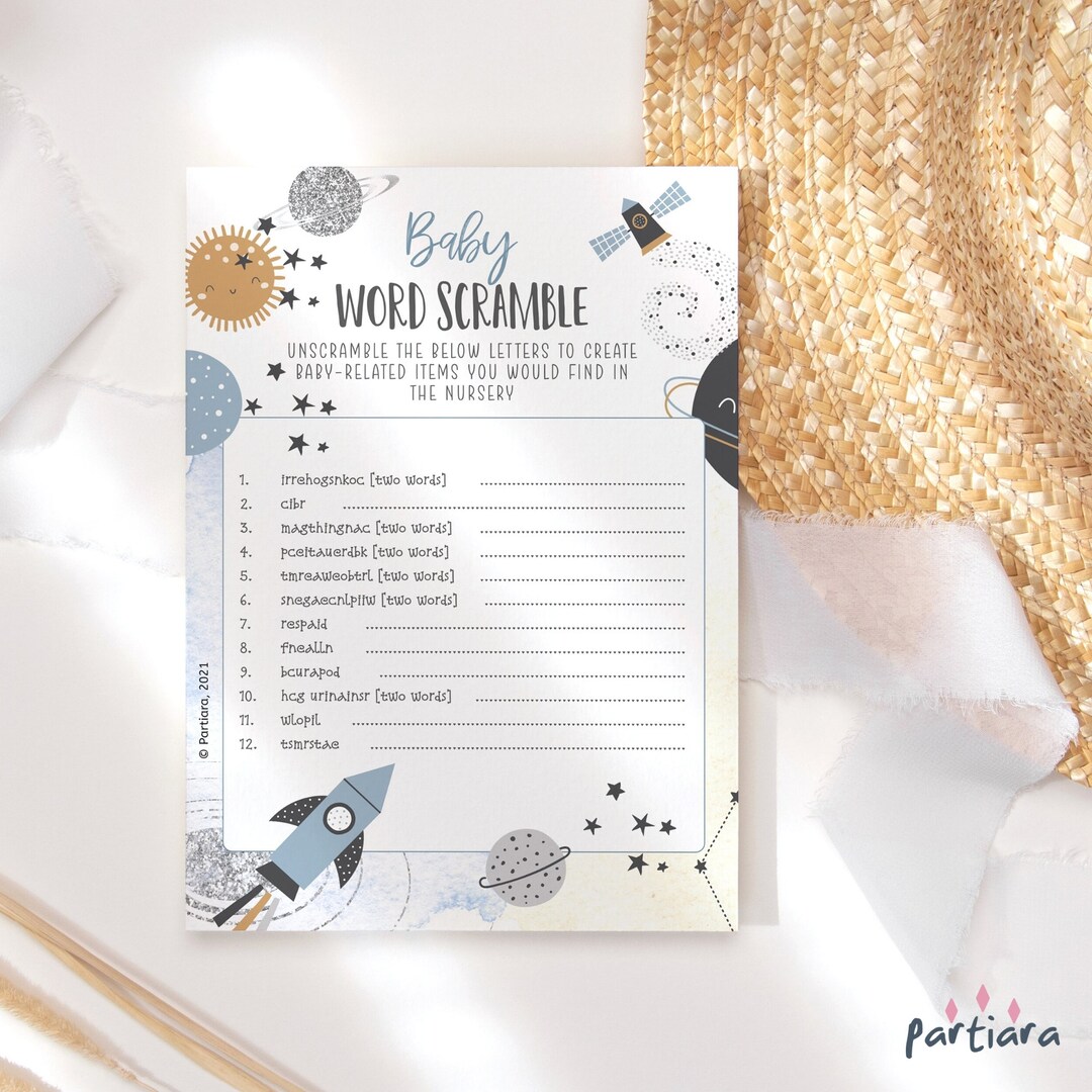 Space Baby Shower Game Word Scramble Printable, Boys Party Activity ...