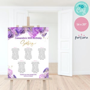 Editable Birthday Party Seating Chart Template Ladies Pink Purple Gold ...