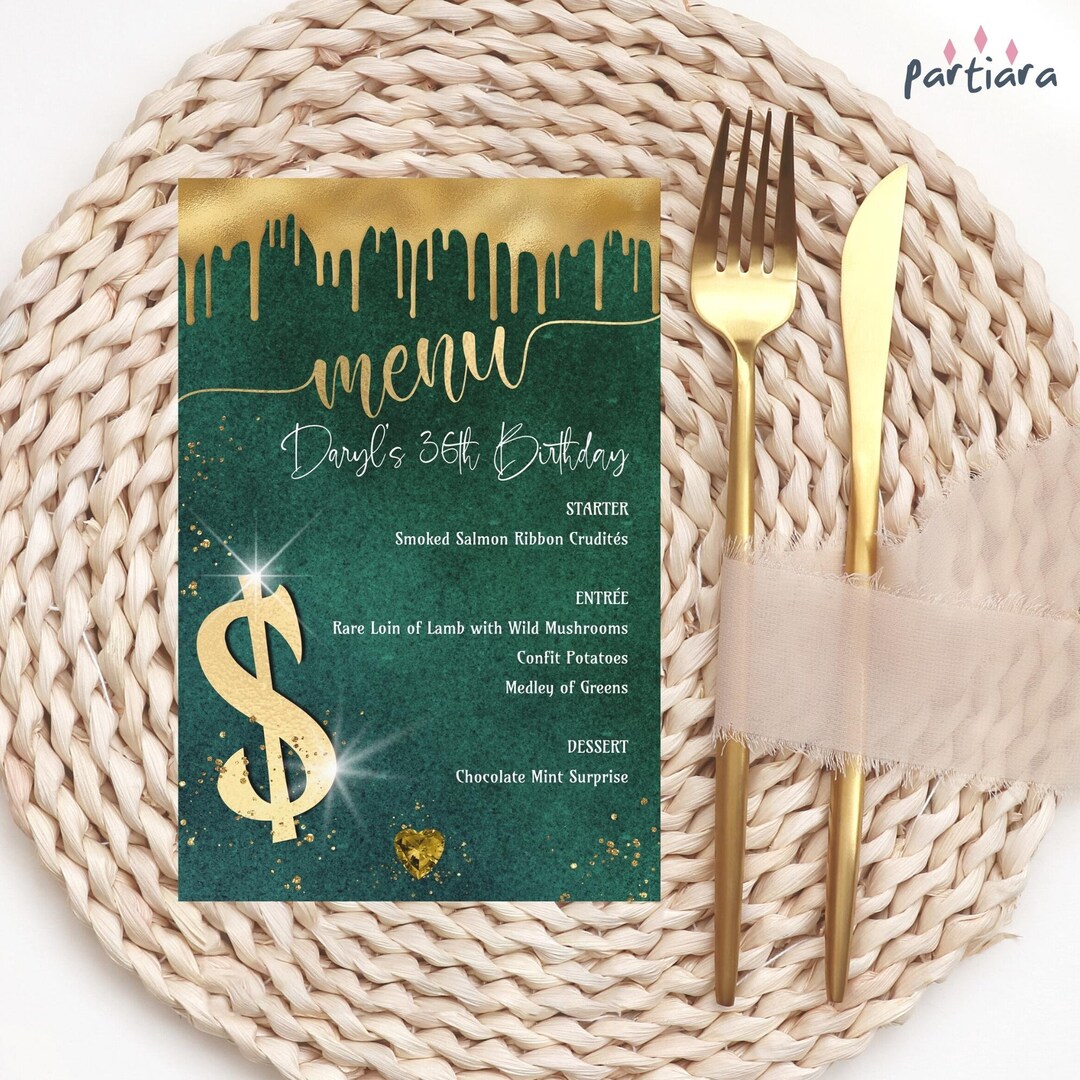 Green Gold Money Menu Card Printable Lucky Dollar Dinner Party Table ...