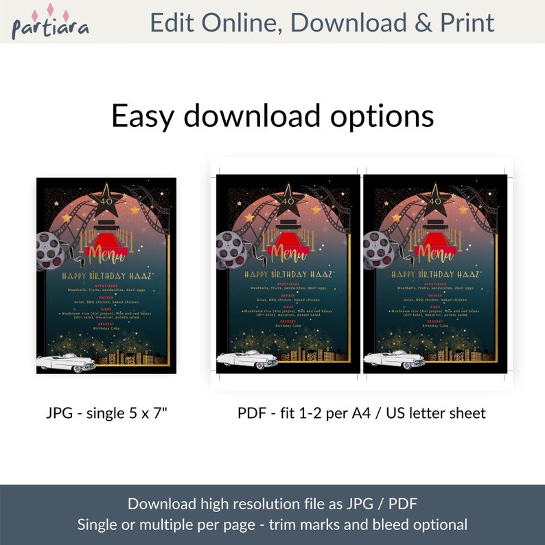 Hollywood Theme Party Menu Card Birthday Menus Red Carpet - Etsy