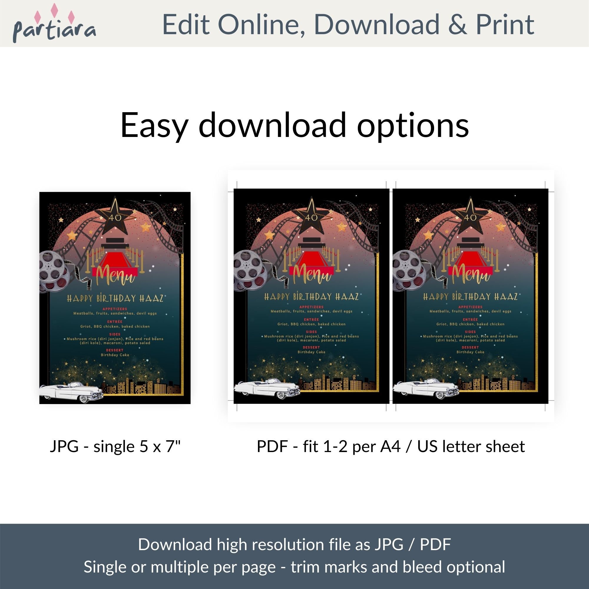 Hollywood Theme Party Menu Card Birthday Menus Red Carpet | Etsy UK