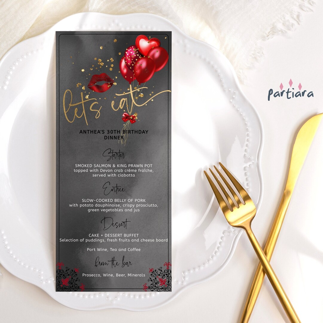 Anniversary Dinner Menu Card Editable Template Ladies Red Black Gold ...