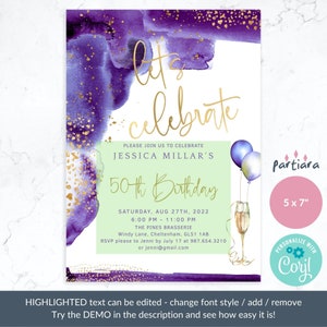 Purple Gold Birthday Invitation Ladies Let's Celebrate Printable Party ...