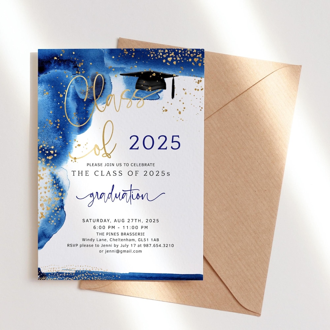 Graduation Party Invitation Printable, Royal Blue Gold Grad Class of ...