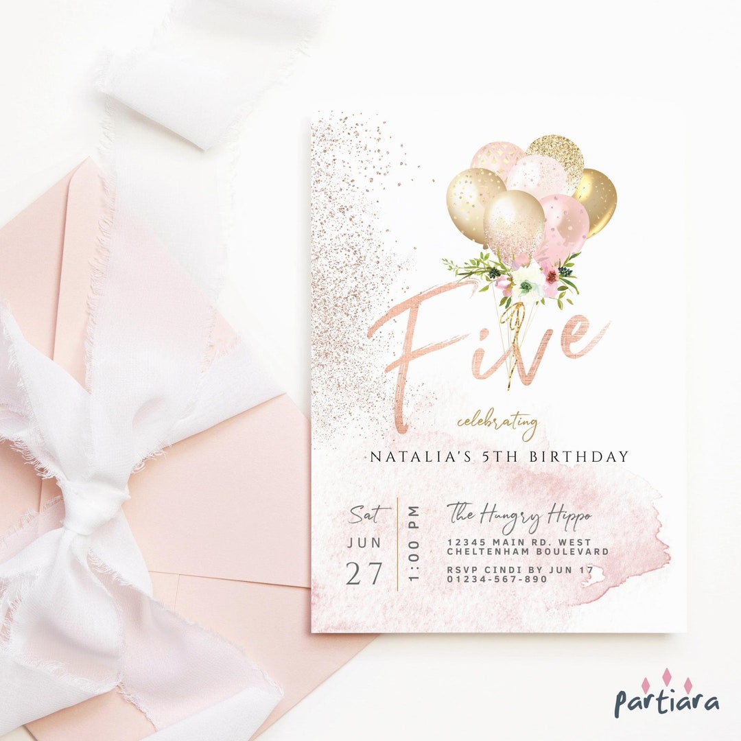 5th Birthday Invitation, Blush Pink Balloons Invite Printable, Editable ...