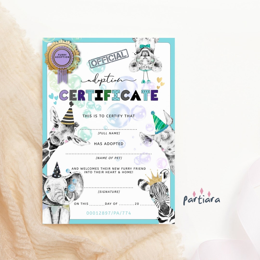 Editable Safari Animals Adoption Certificate Boy Birthday Jungle Safari ...