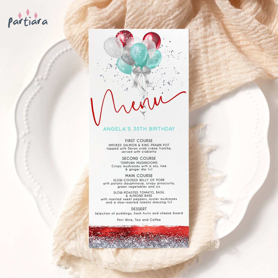 Birthday Menu Card Template, Editable Teal Blue Silver Red Table Decor ...