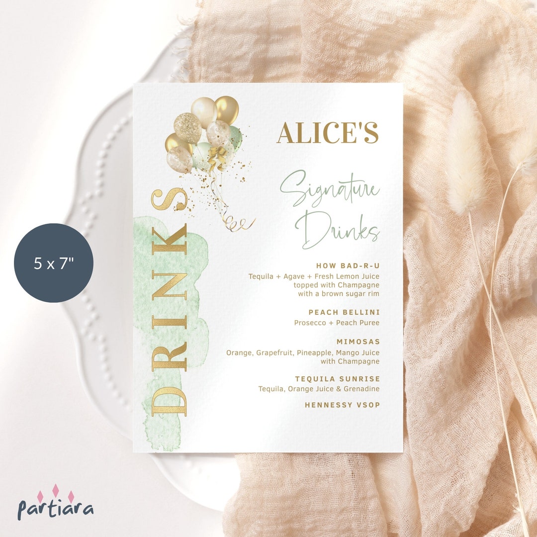 Birthday Drinks Menu Template, Sage Green Gold Dinner Party Bar Table ...