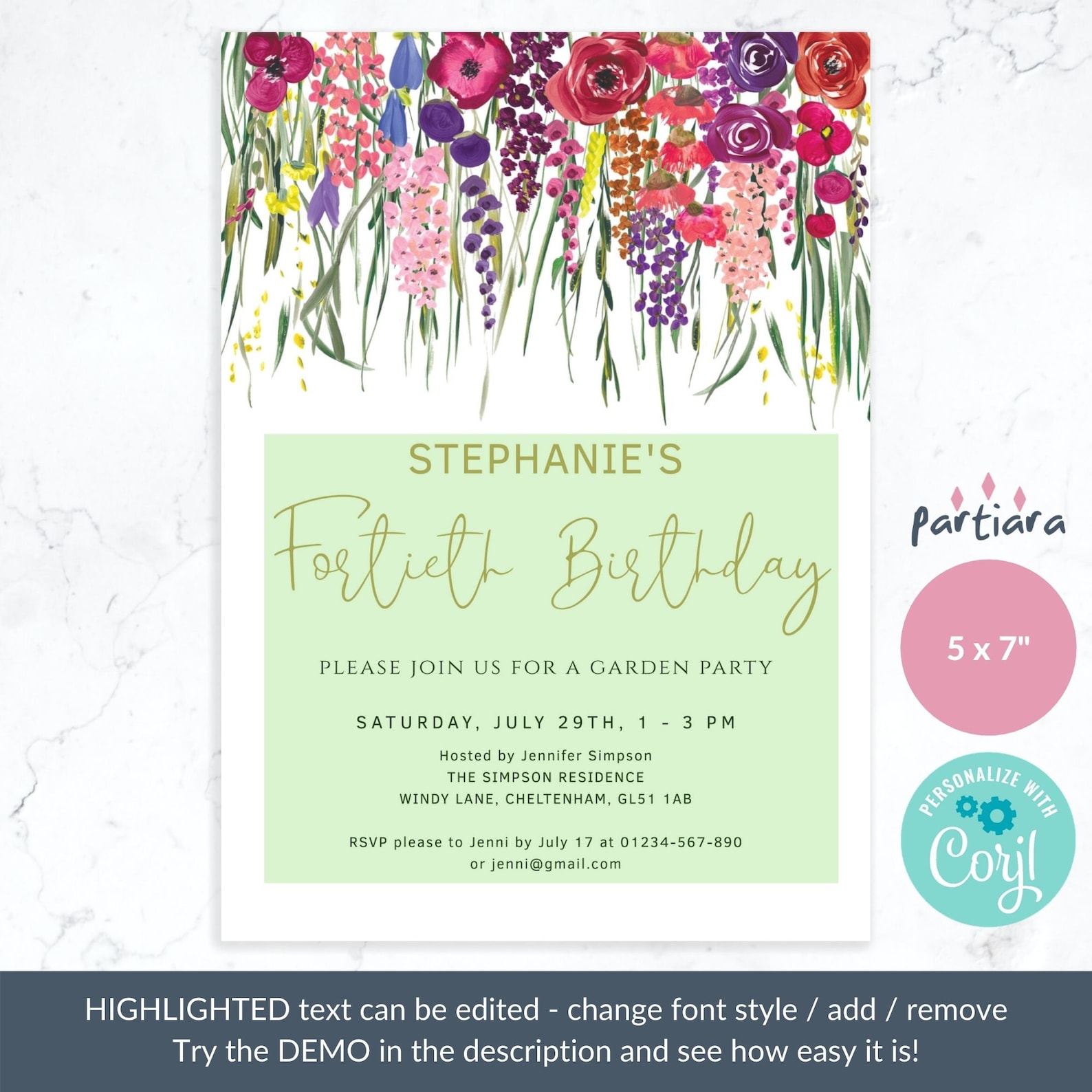 Summer Floral Garden Party Invitation Editable Birthday | Etsy