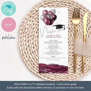 Editable Graduation Menu Template Maroon Silver Grad Dinner Party Table ...