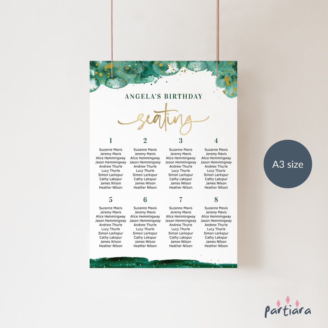 Birthday Seating Chart Emerald Green Party Decor Printable, Ladies 50th ...