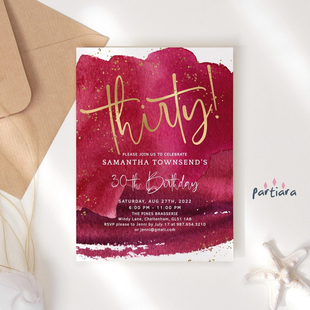 30th Birthday Invitation Red Gold Dinner Party Invite Printable for ...