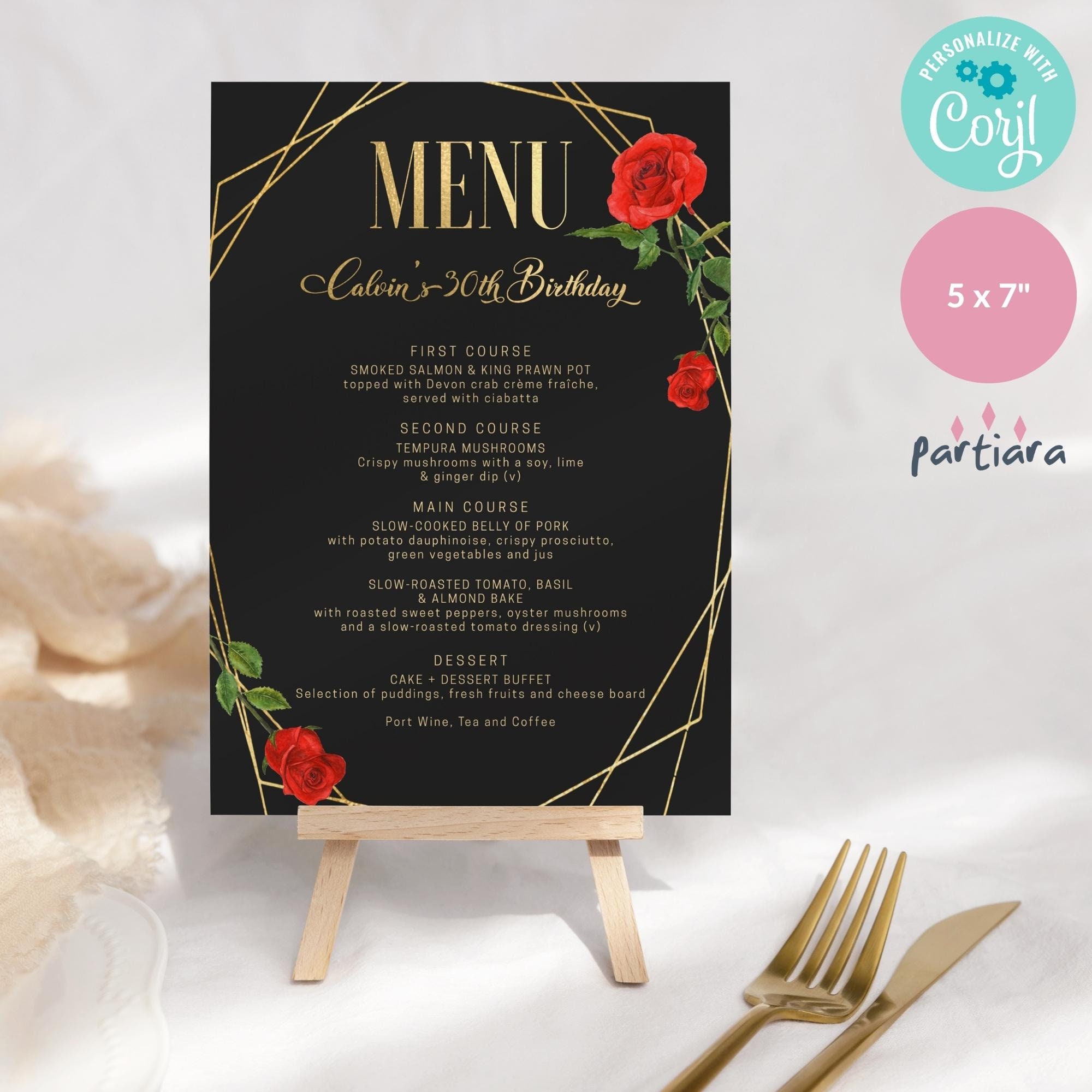 Elegant Red Gold Ladies Menu Card Printable Birthday Dinner - Etsy