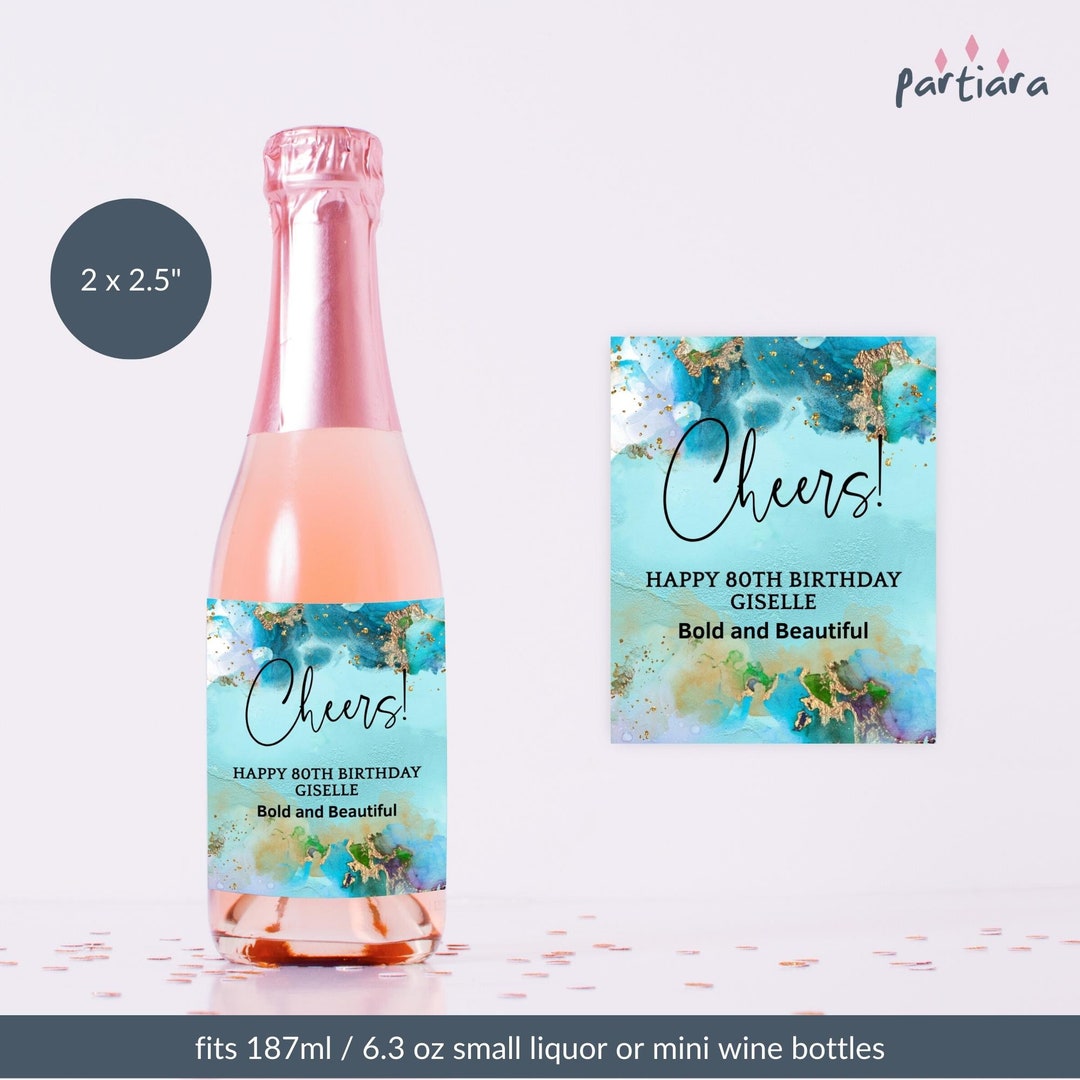Mini Liquor Bottle Label Editable Teal Blue Gold Birthday Party Favors ...