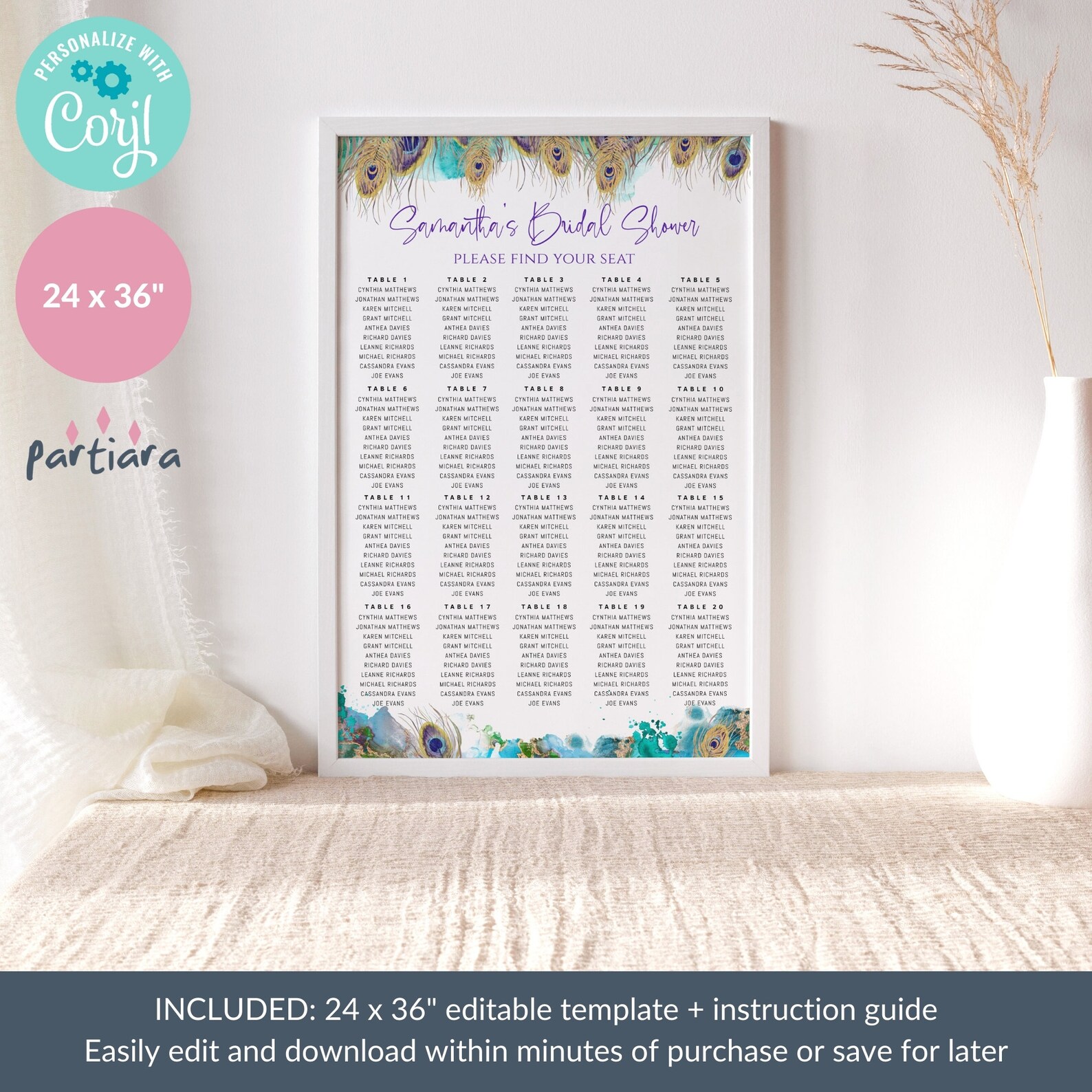 Peacock Seating Sign Editable Template, Bridal Shower Party Table ...