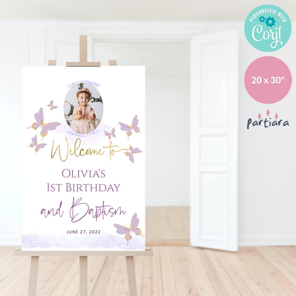 Lilac Gold Butterfly 1st Birthday Photo Welcome Sign Girl Printable ...