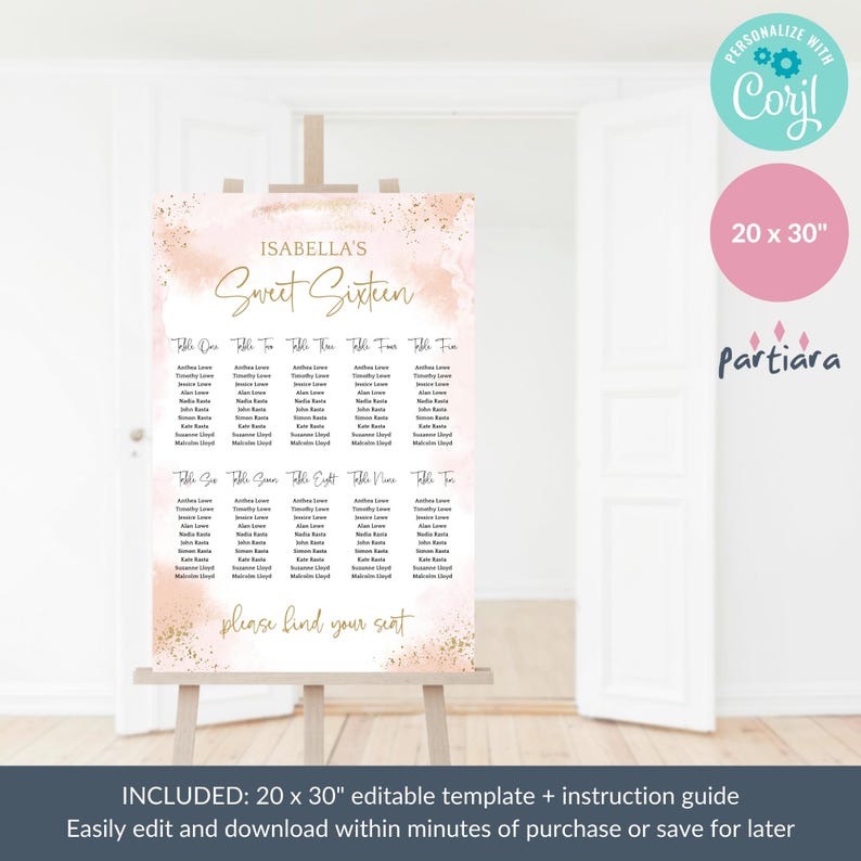 Editable Seating Chart Sweet 16 Birthday Template: Girls or Ladies ...