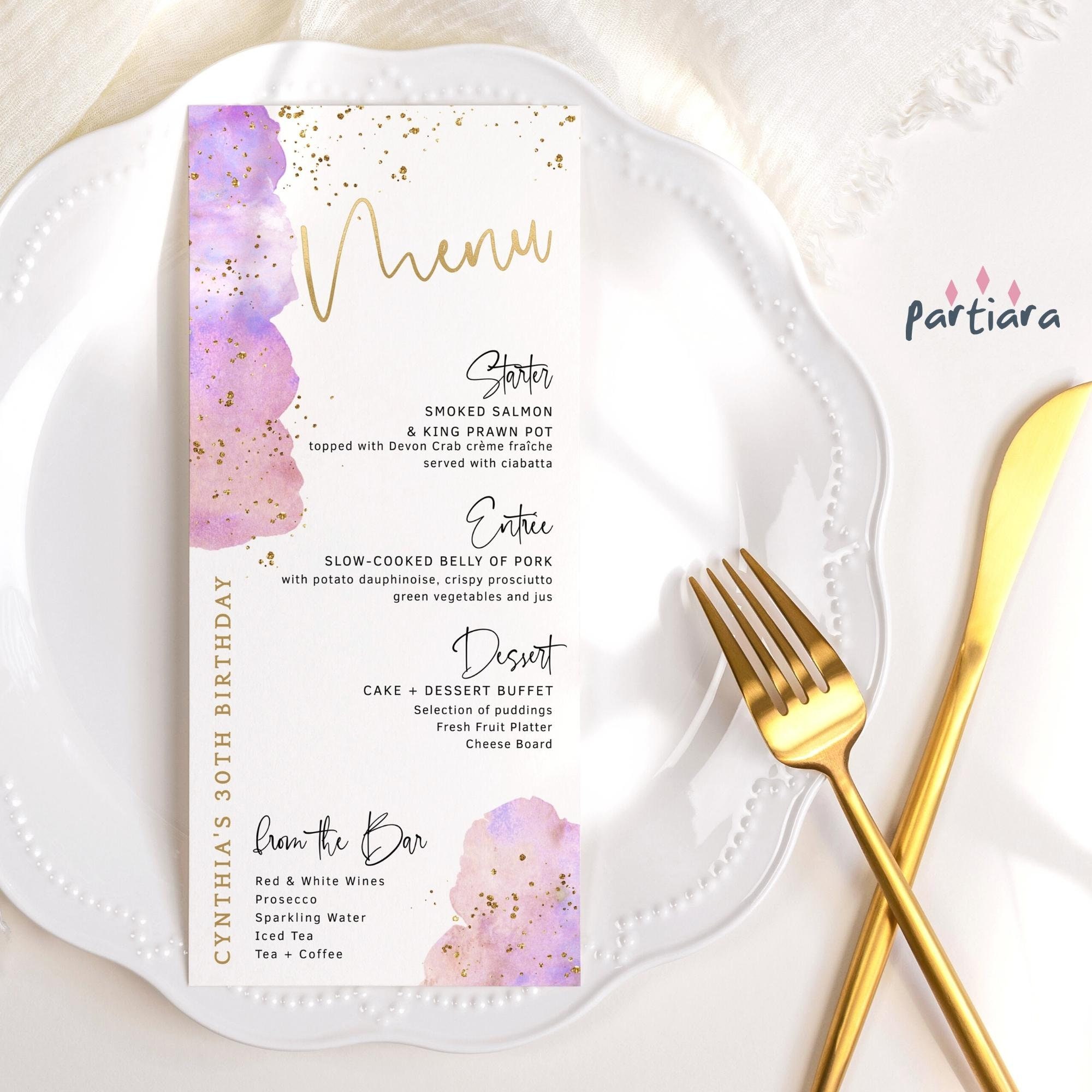 Purple Menu Template, Birthday Dinner Menus, Ladies Event Menu Card ...