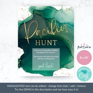 Emerald Baby Shower Game Pacifier Hunt Table Poster Printable, Boy Girl ...