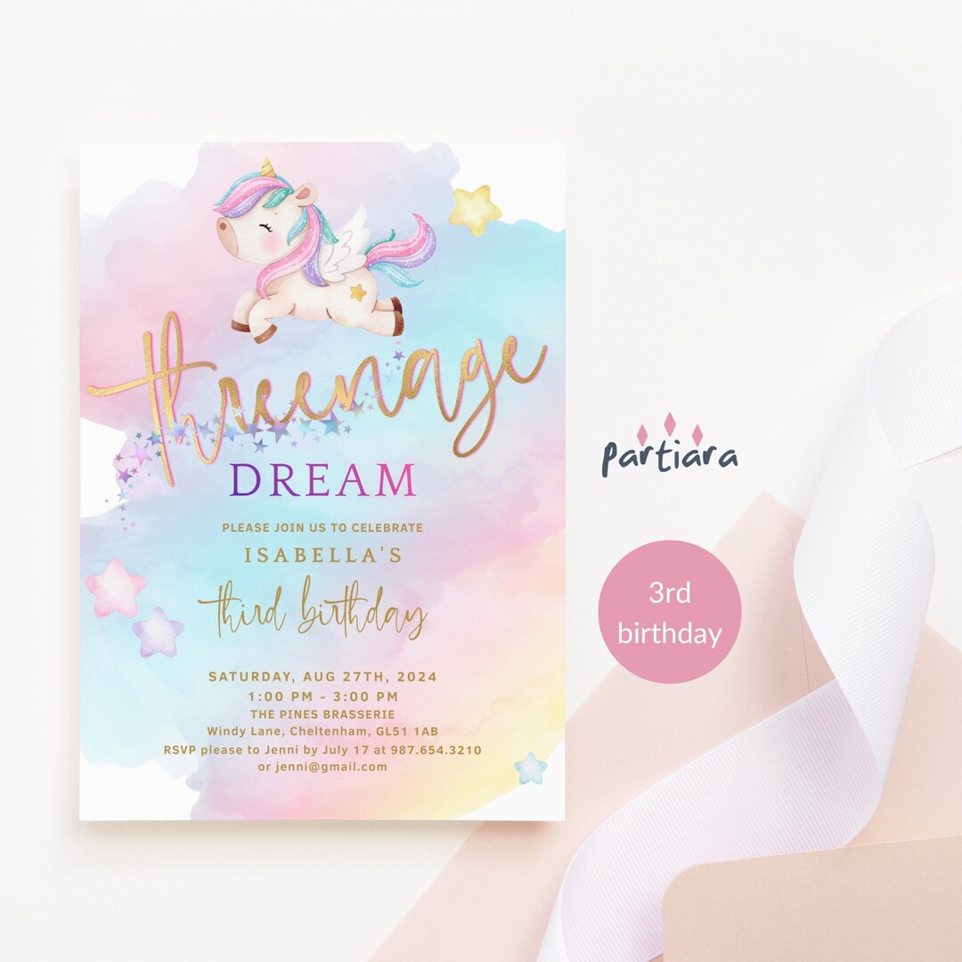 Unicorn Threenage Dream Invite, 3rd Birthday Invitations, Pastel ...