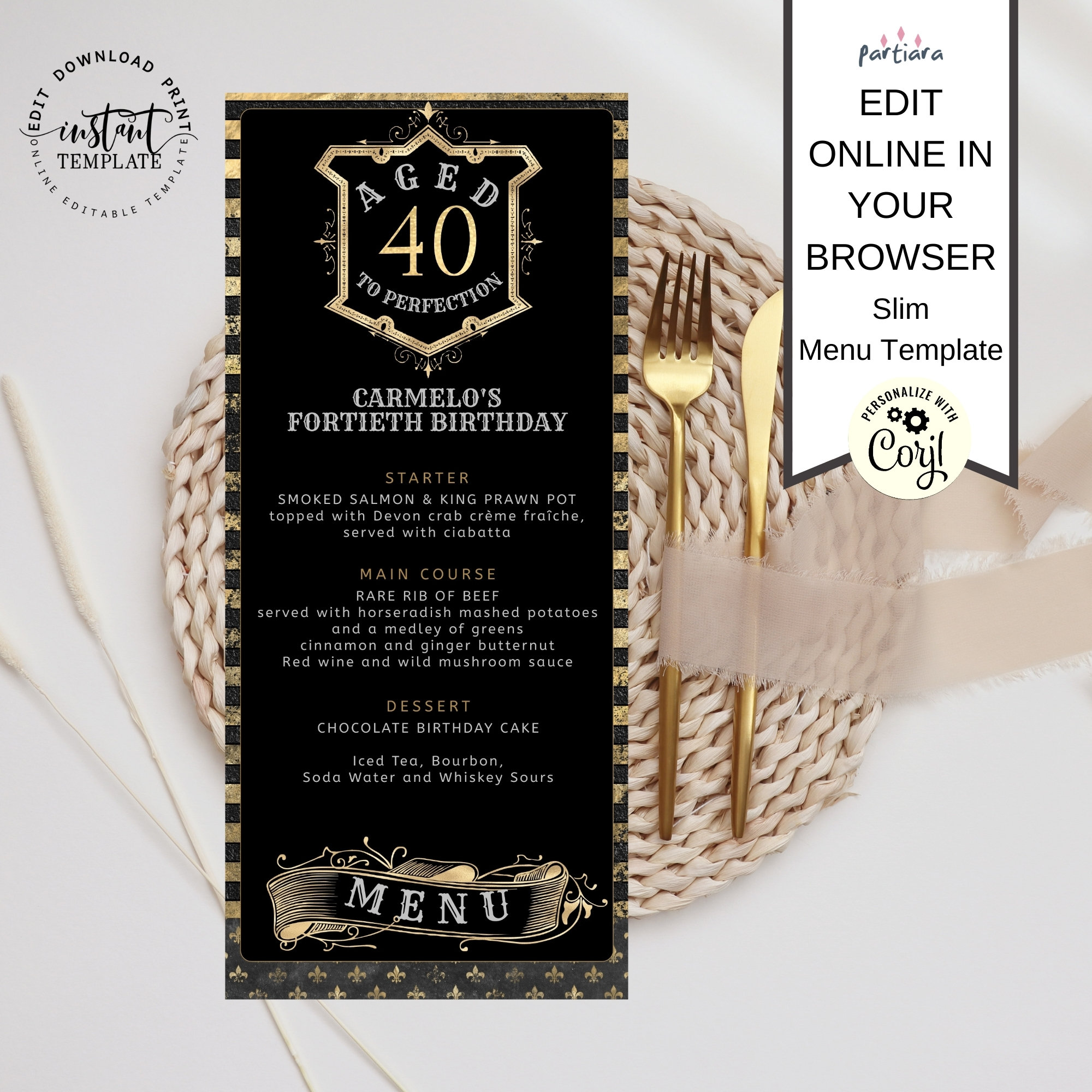 Design & Templates Birthday Menu Card Template Black and Gold Party ...