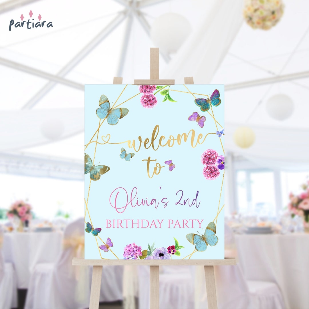Butterfly Sign Welcome Birthday Poster Decoration Girls Floral ...