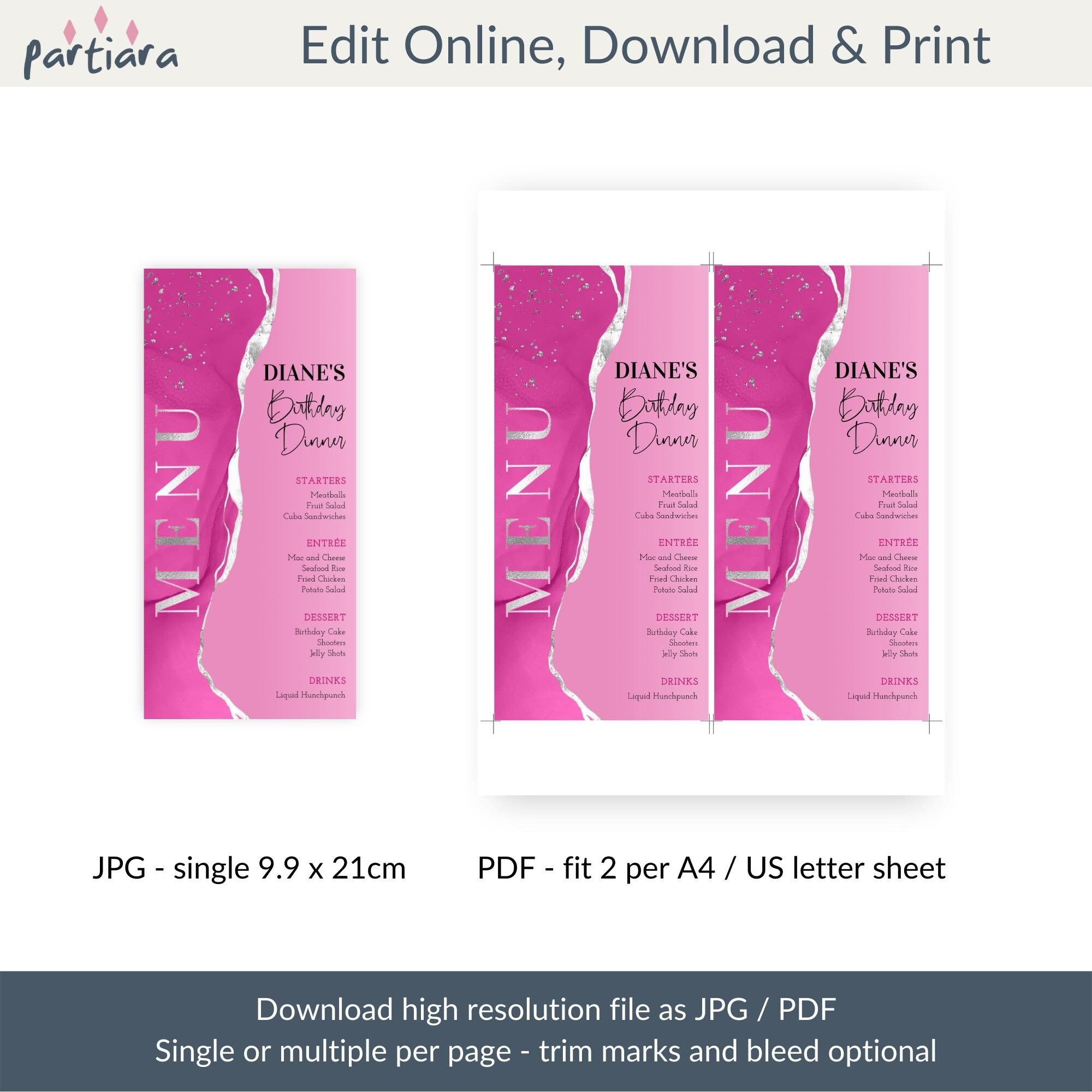 Hot Pink Silver Menu Template: Teen Girls Birthday Party Menus ...