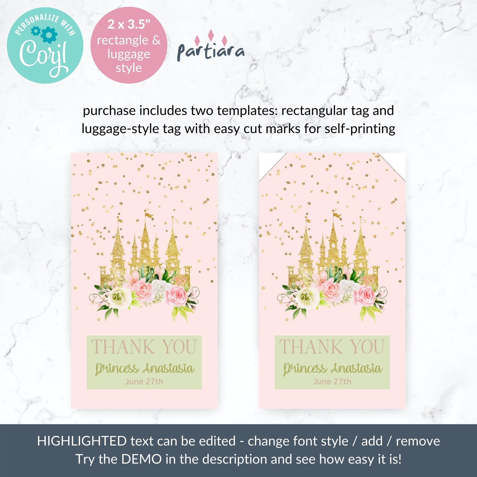 1st Birthday Princess Tag Template, Fairytale Castle Party Favor Gifts ...