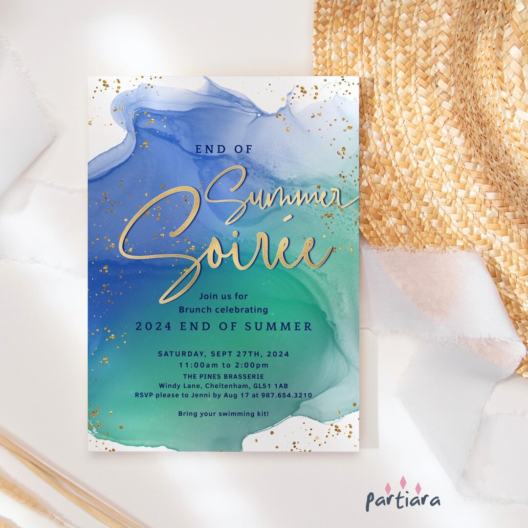 Summer Soiree Invitation, End of Summer Party Invites, Blue Green Gold ...