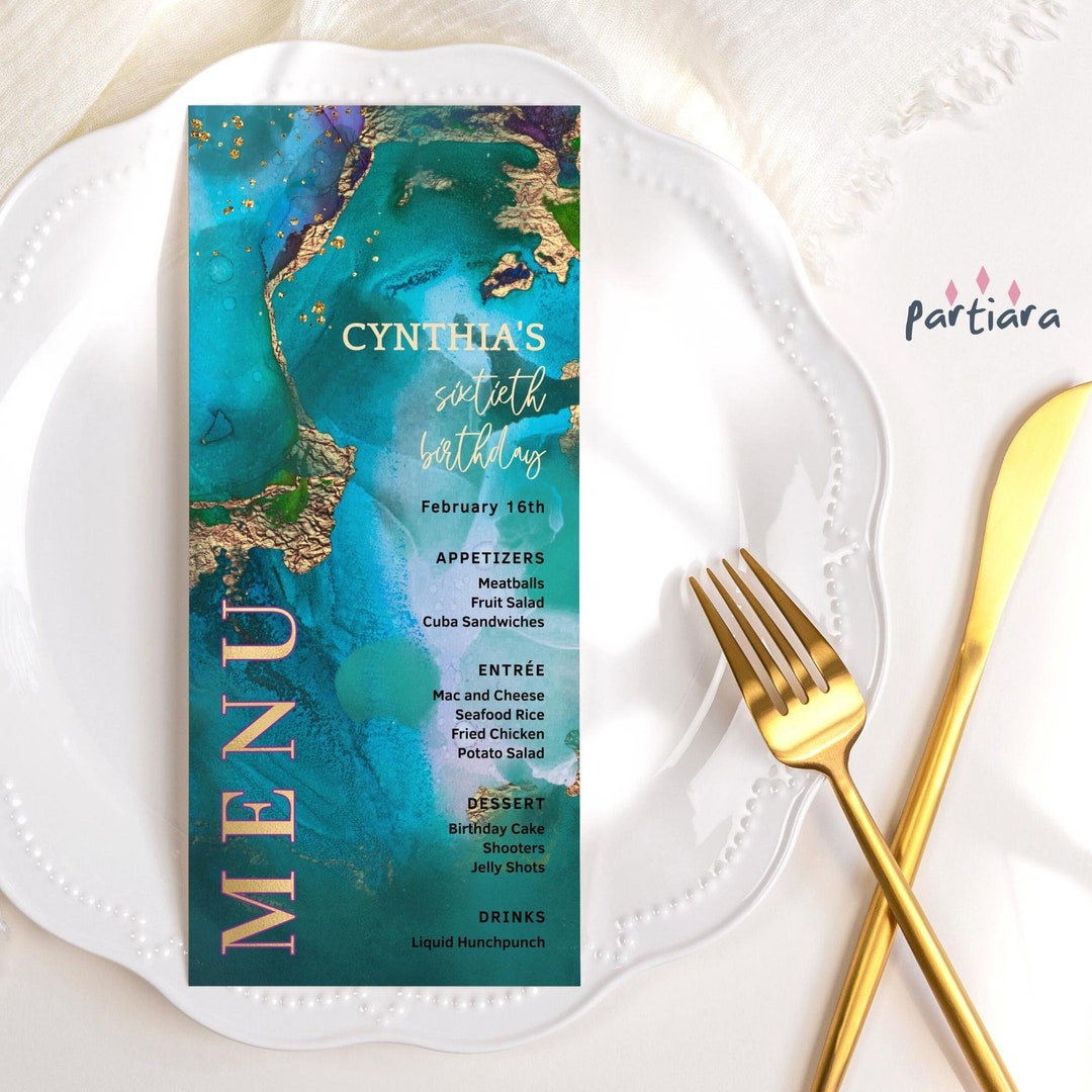 Emerald Green Menu Card Printable, Birthday Dinner Party Menus Editable ...