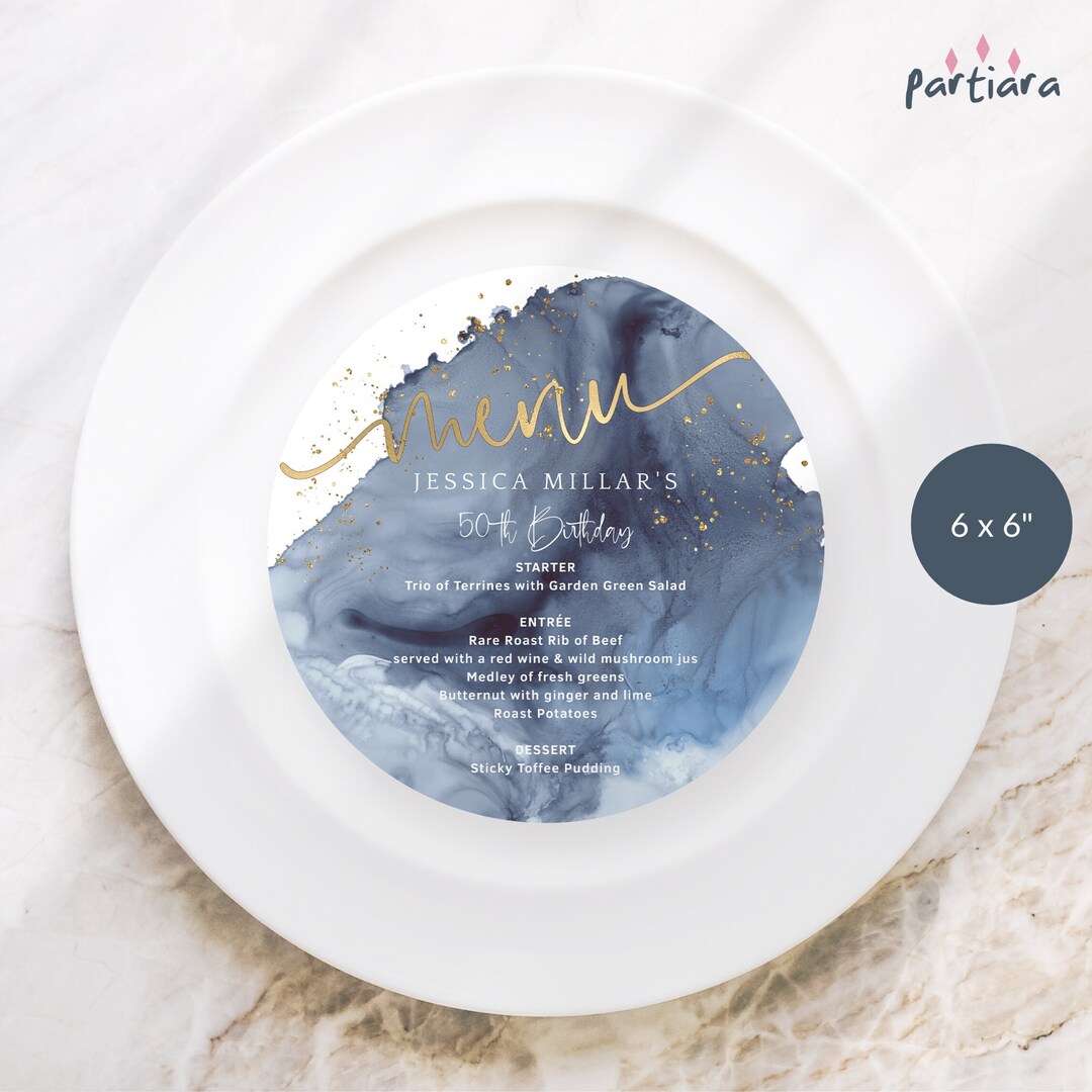 Round Blue Menu Card Template, Navy Blue Charger Plate Insert Cards ...