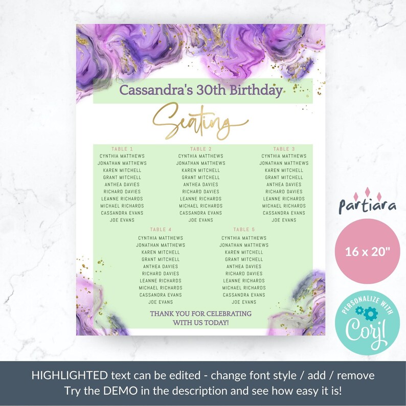 Editable Birthday Party Seating Chart Template Ladies Pink - Etsy