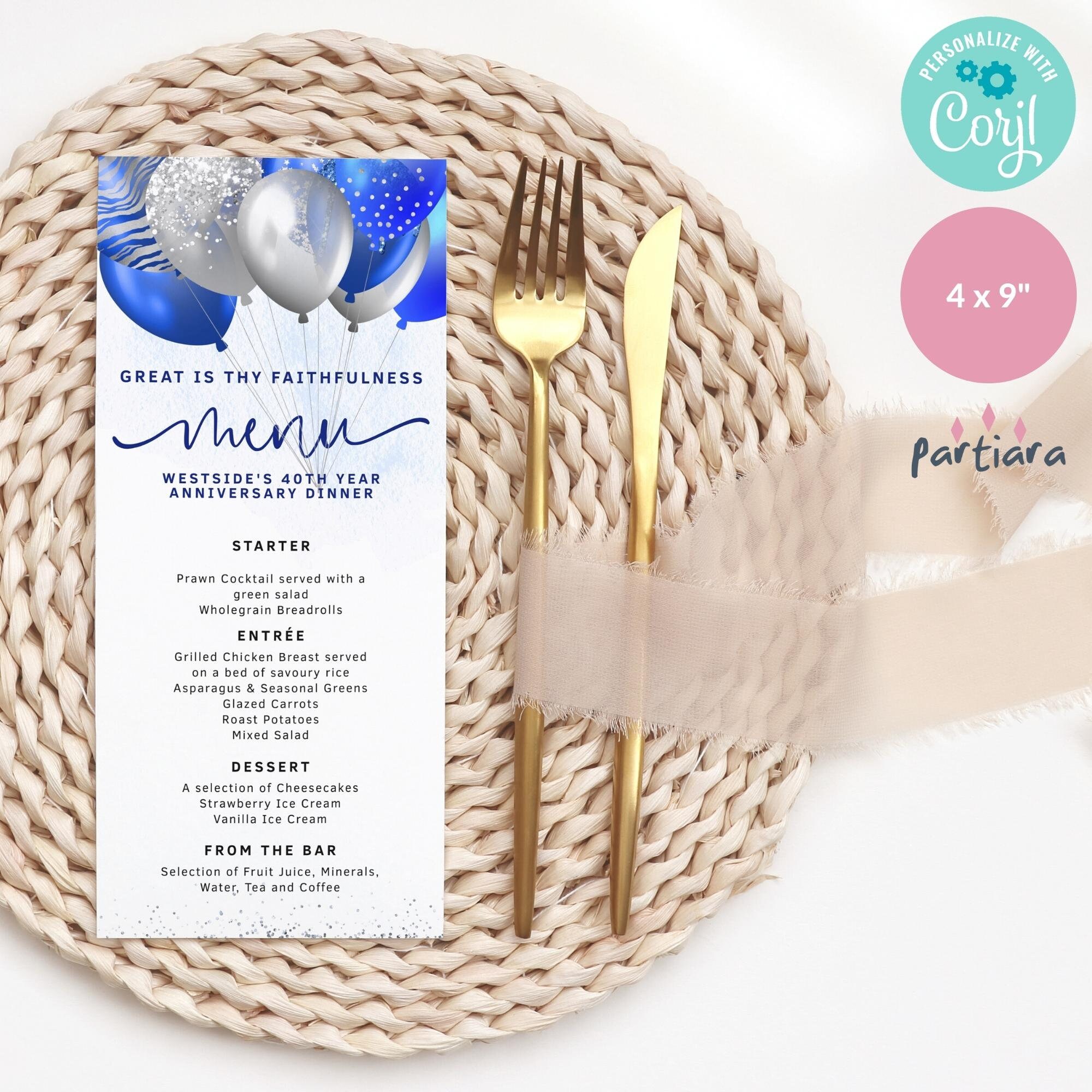 Royal Blue Menu Cards Editable Silver Balloons Party Menus - Etsy