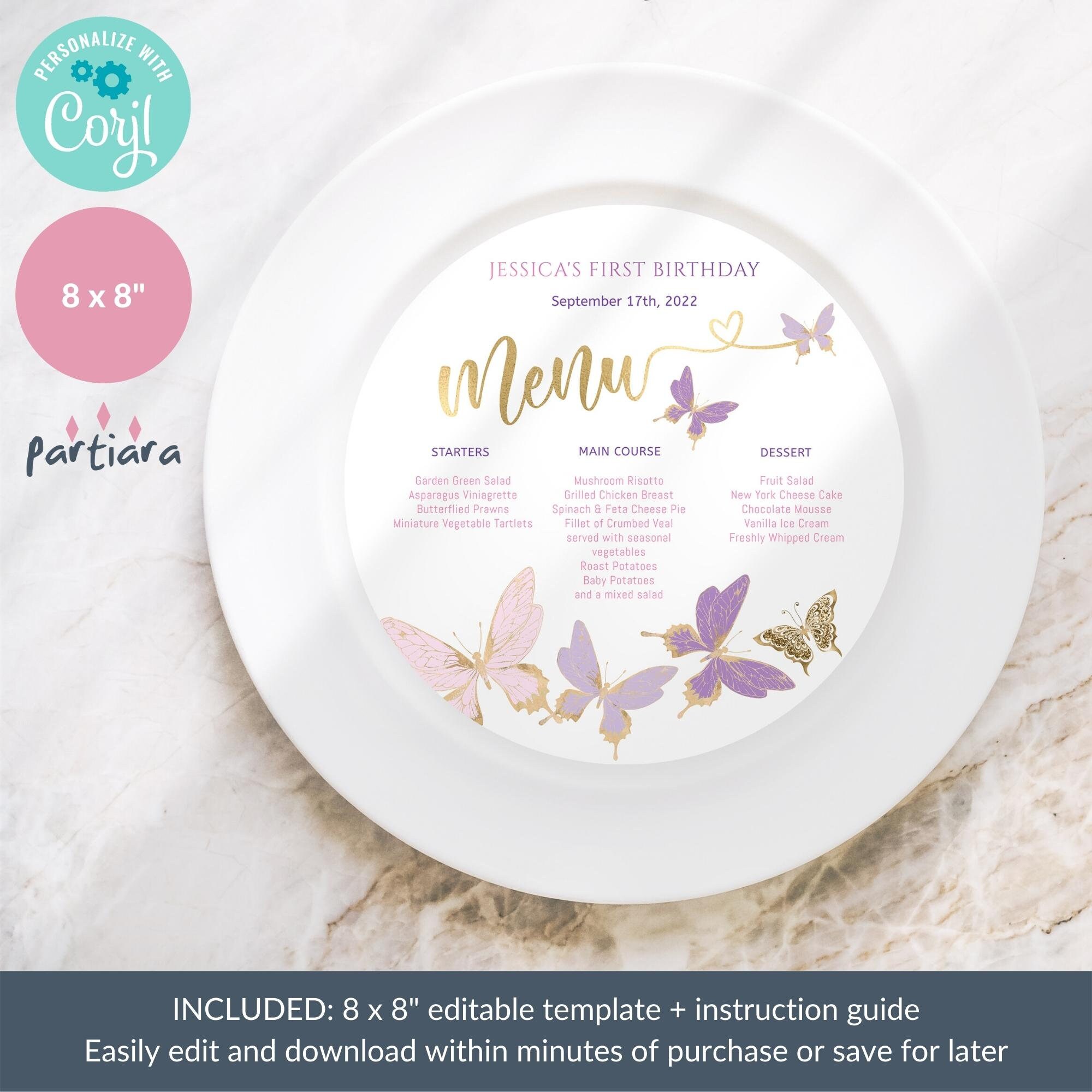 Butterfly Menu Card Editable Round Plate Charger Menus DIY - Etsy