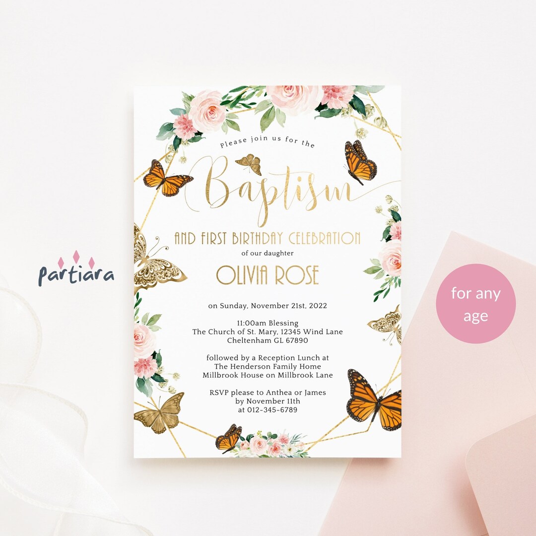 Modelo de convite de batismo editável de borboleta, convite de borboletas monarca para impressão ...