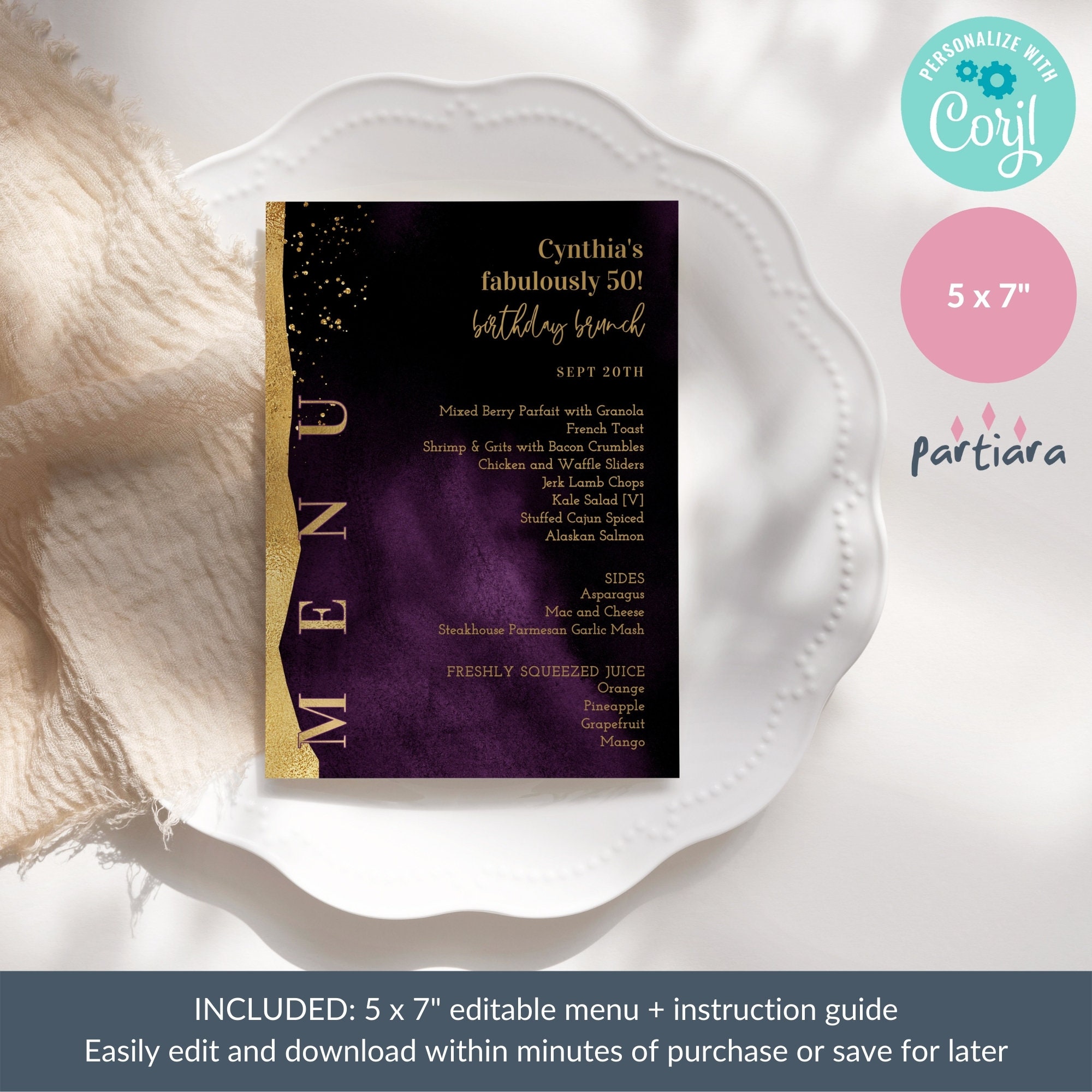 Royal Purple Gold Editable Menu Card Template Ladies Birthday Party ...
