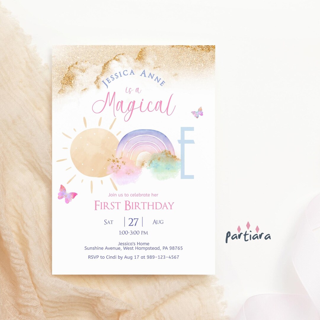 Magical One Invite 1st Birthday Rainbow Party Invitation Girls Pastel ...