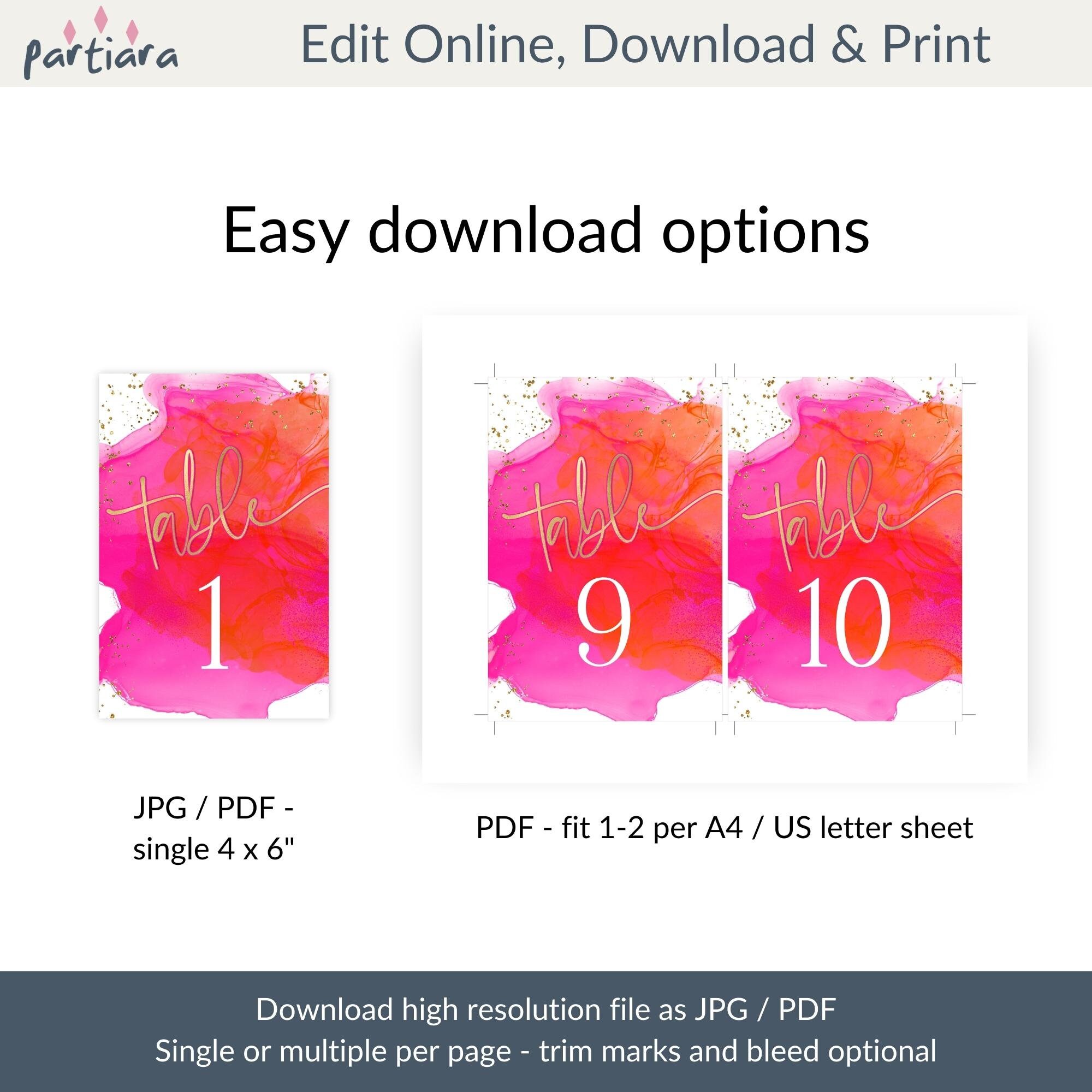 Pink Orange Table Number Cards Printable Birthday Party Decoration ...