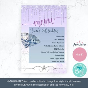 Editable Menu Ladies Birthday Diamonds Dinner Party Table Menus ...