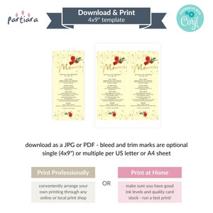Red Roses Menu Cream Gold Dinner Table Menus Printable Ladies Birthday ...