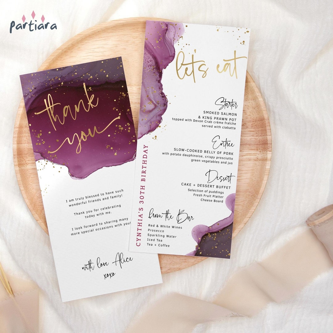 Editable Maroon Gold Menu Card Printable Thank You Table Decor ...