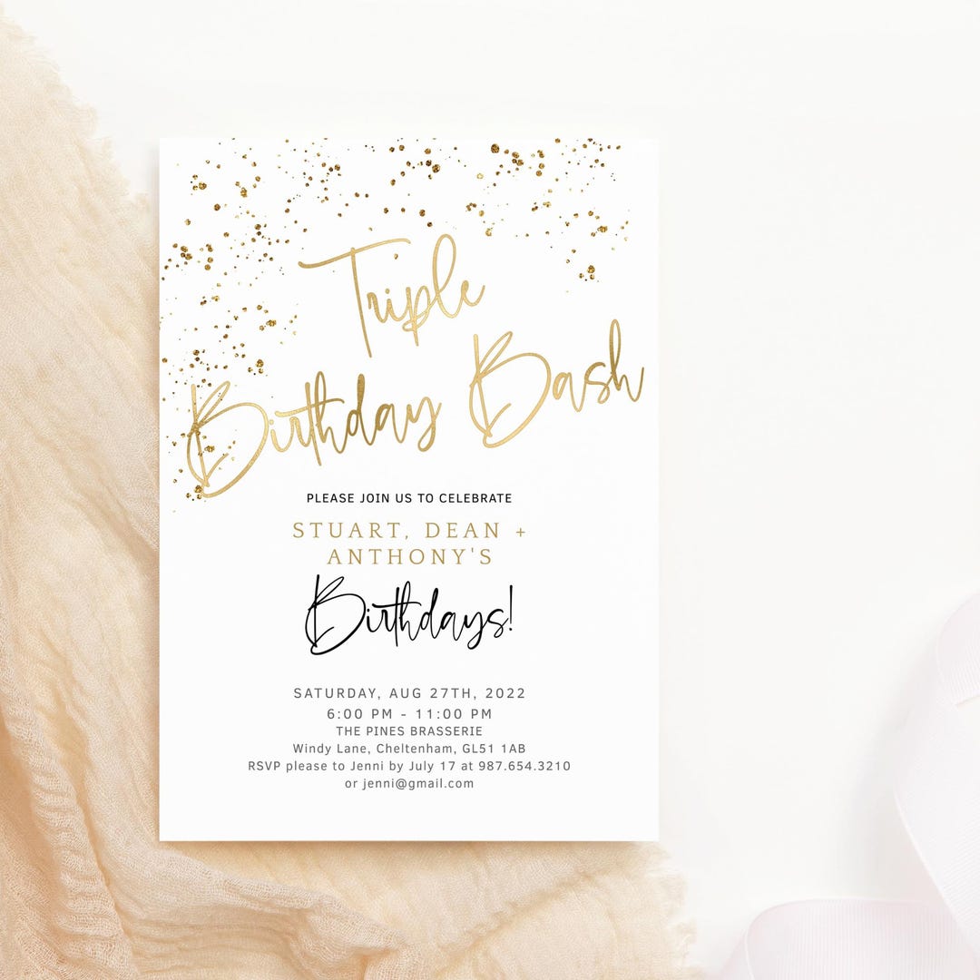 Triple Birthday Invitation, Joint Party Invite Printable, All White ...