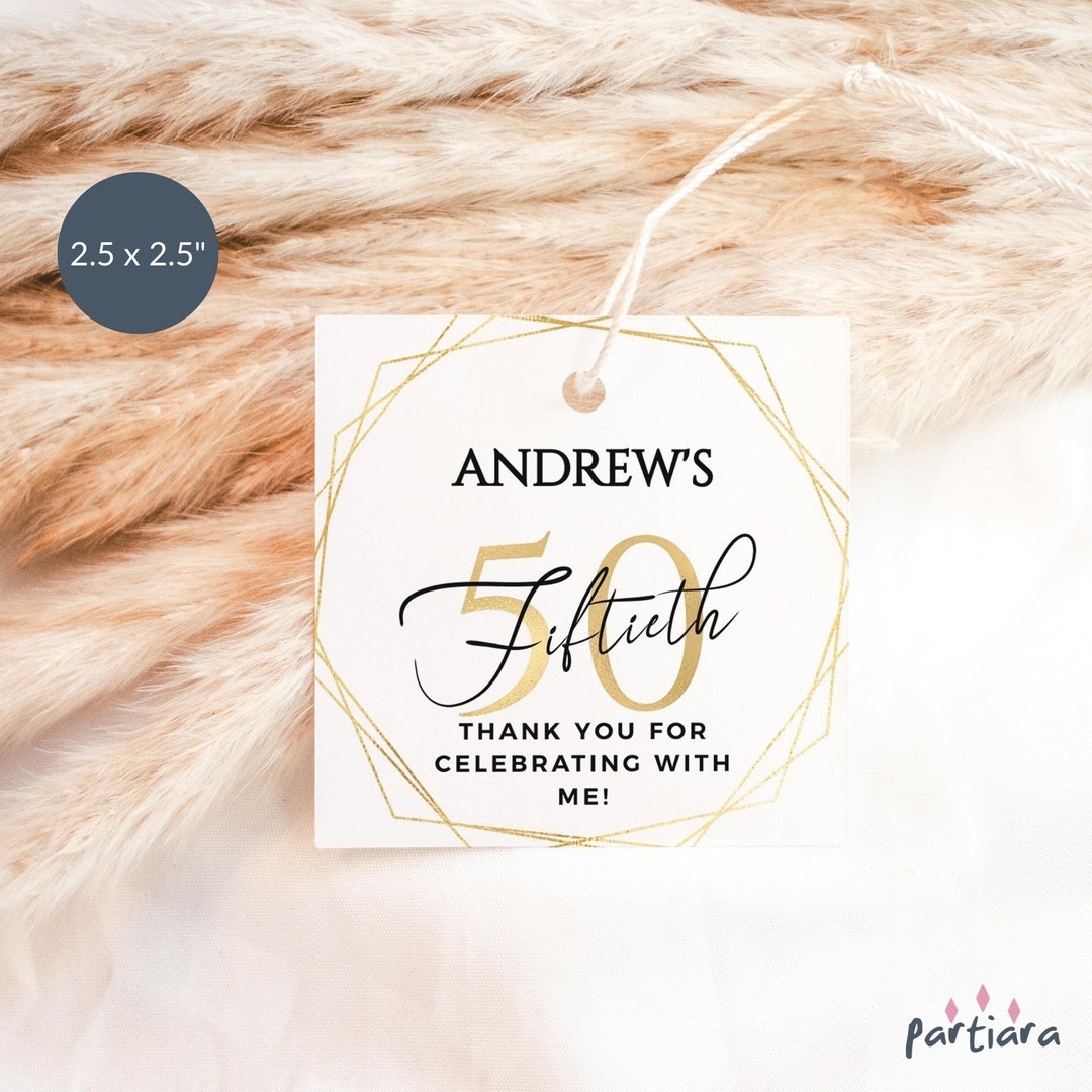 50th Birthday Favor Gift Tag for Men in White and Gold - Editable ...