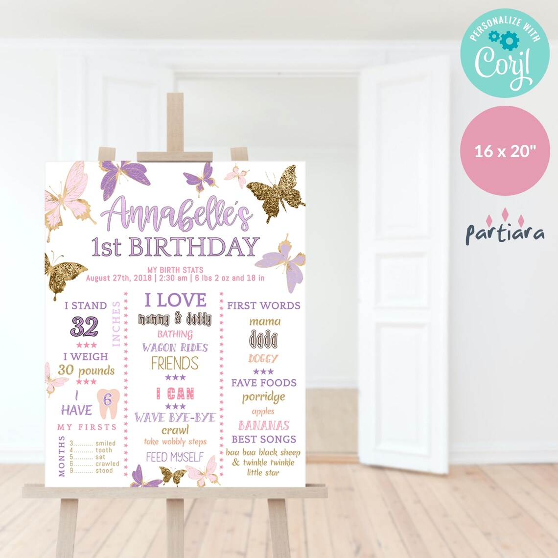 Editable First Birthday Board Girl Butterflies Milestone Sign - Etsy