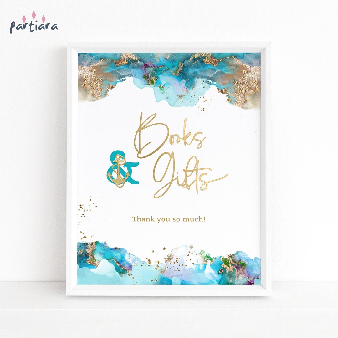 Editable Books and Gifts Sign Nautical Baby Shower Party Table Poster ...