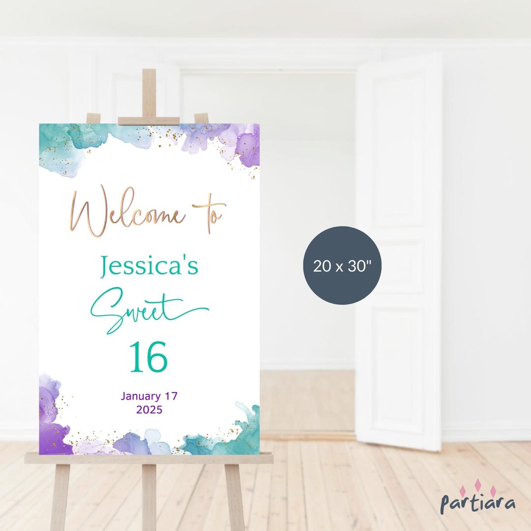 Sweet 16 Welcome Sign Template, Purple 16th Birthday Party Welcome ...