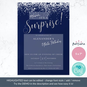 Blue Silver Surprise Invitation Sshhh It's a Surprise Birthday Party ...